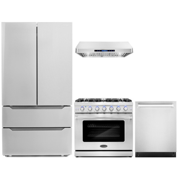 Cosmo 4-Piece Kitchen, 30" Gas Range, Range Hood, Dishwasher and Refri ...